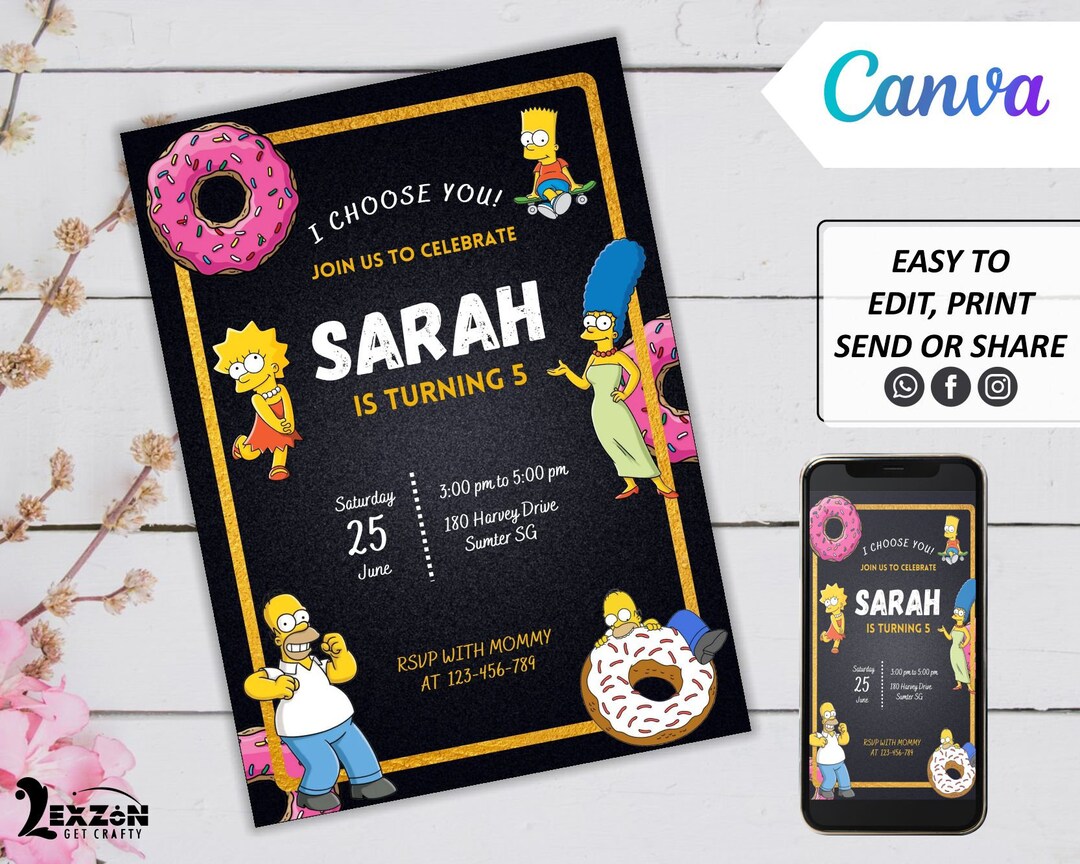 The Simpsons Birthday Invitation, Canva Template, Simpsons Invite ...