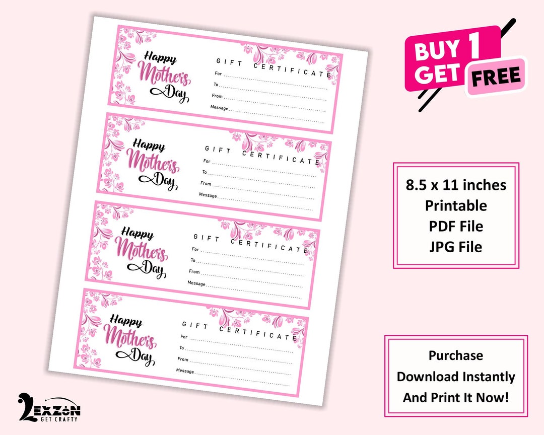 MOTHER'S DAY Gift Certificate, Printable Gift Coupon Mom Grandma, Peony ...