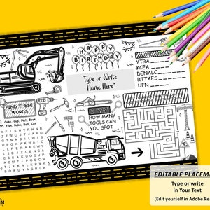 Construction Party Placemat | Printable Trucks and Tractor Birthday ...