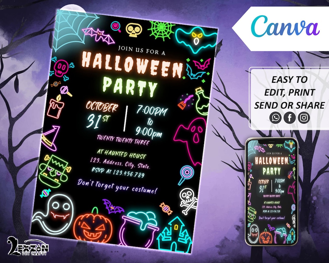DIY Digital Halloween Party Invitation, Editable Canva Template ...