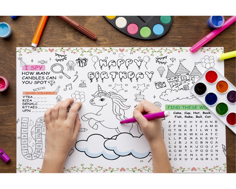 Unicorn Birthday Coloring Placemat Printable Party Coloring - Etsy