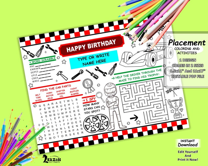 Racing Car Party Placemat | Printable Formula 1 Party Coloring Page ...