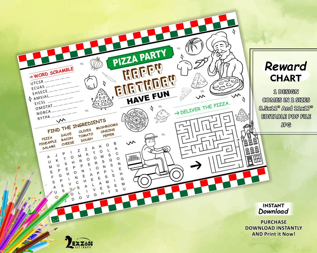 Pizza Party Placemat | Printable Pizza Party Coloring Page | Pizza ...