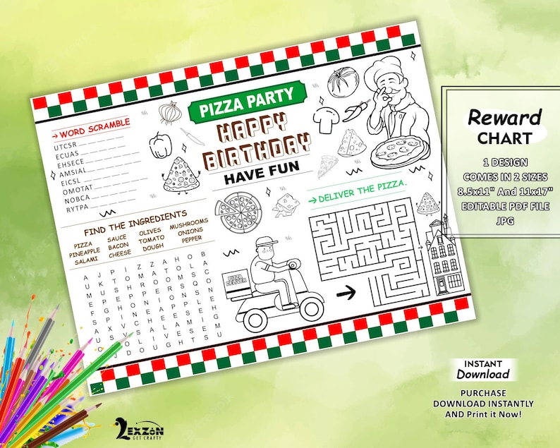 Pizza Party Placemat | Printable Pizza Party Coloring Page | Pizza ...
