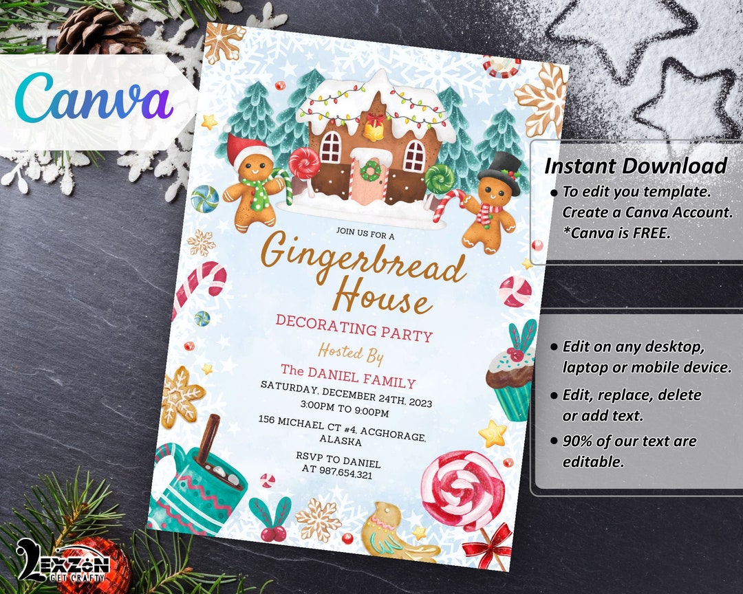 Editable Christmas Gingerbread House Decorating Party Invitation Pink ...
