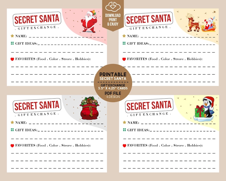 SECRET SANTA Gift Exchange Cards | PRINTABLE Christmas Gift List for ...