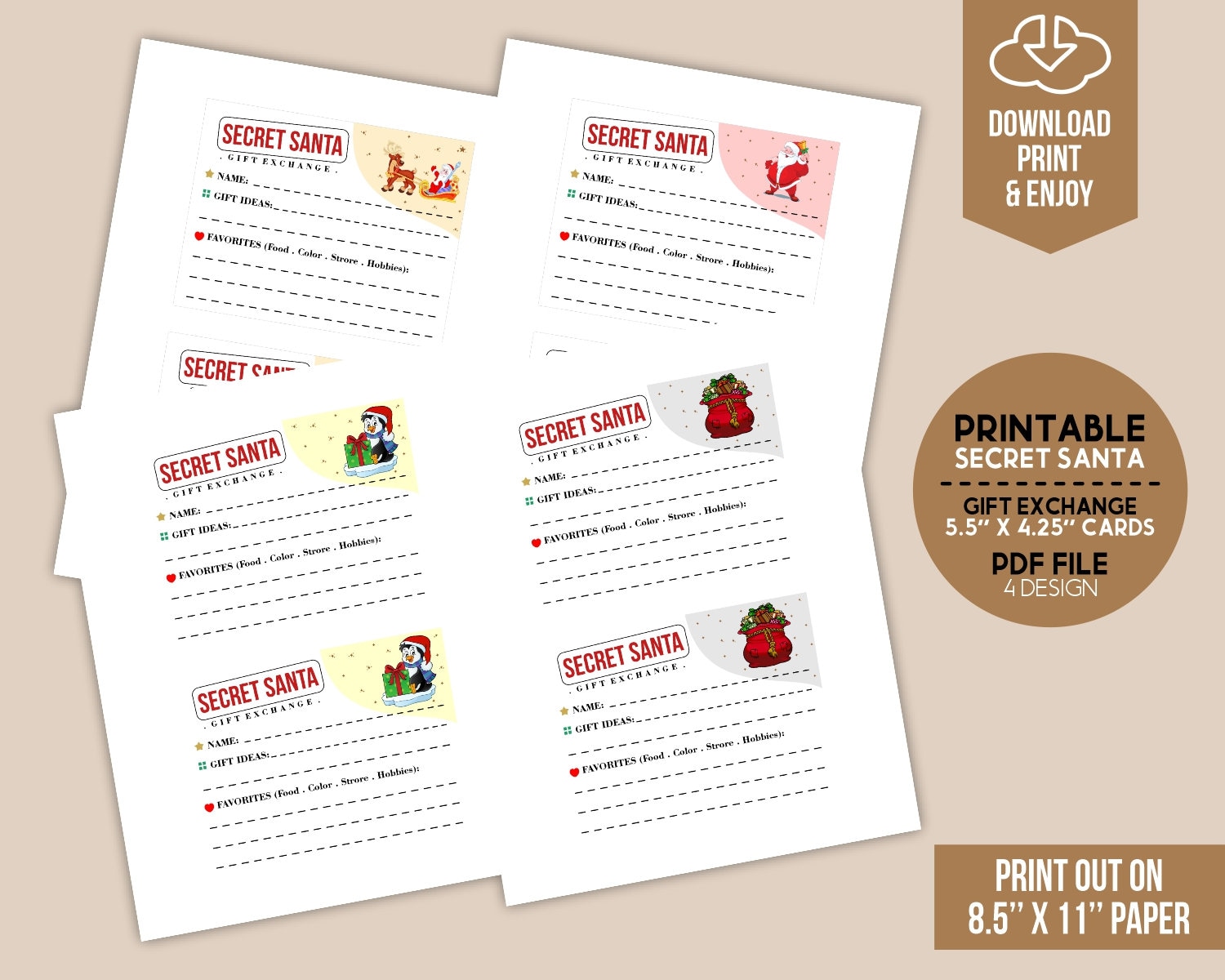 SECRET SANTA Gift Exchange Cards | PRINTABLE Christmas Gift List for ...