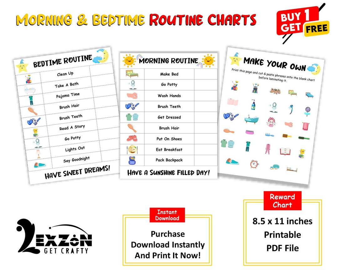 Kids Morning / Bedtime Routine Charts, Cute Printable Checklist ...