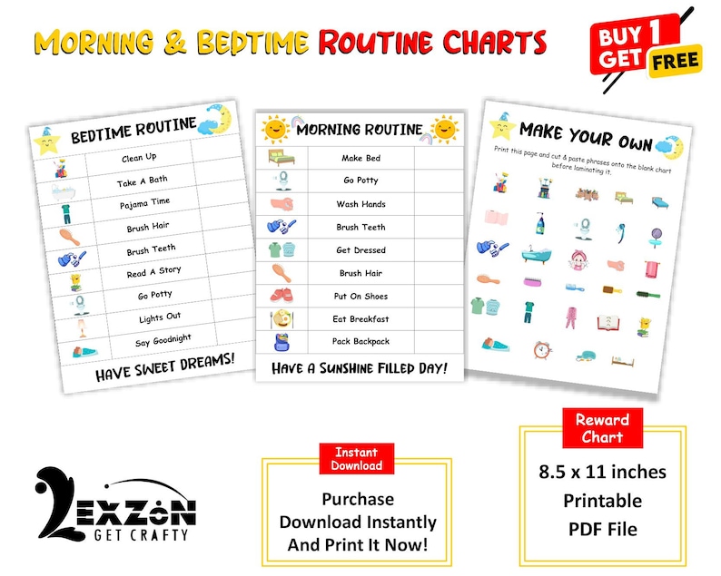 Kids Morning / Bedtime Routine Charts, Cute Printable Checklist ...