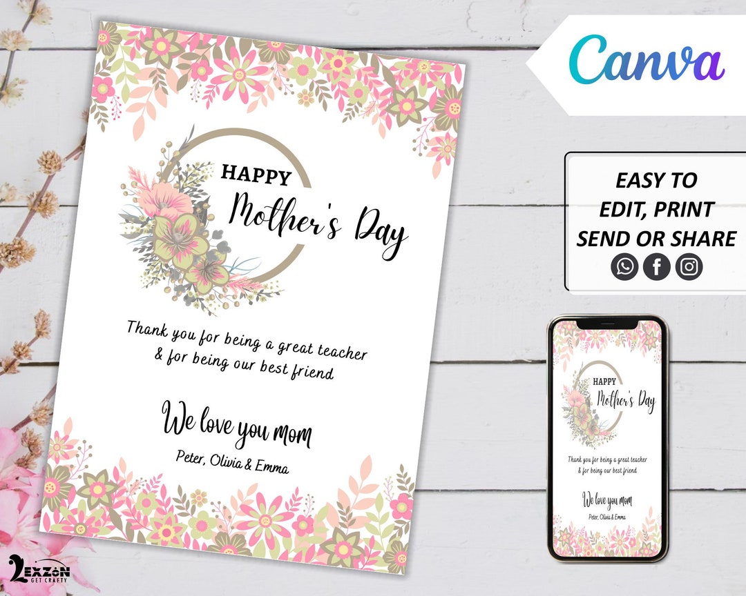MOTHER'S DAY Editable Printable Card Template Personalized Peony ...