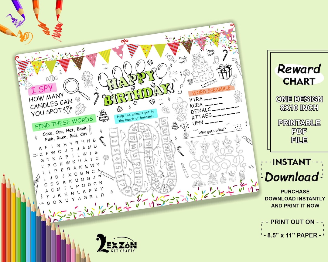 Birthday Coloring Placemat | Printable Birthday Party Coloring Page ...