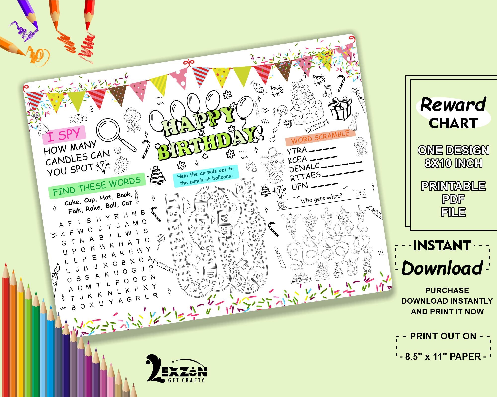 Birthday Coloring Placemat Printable Birthday Party Coloring Page Pink ...