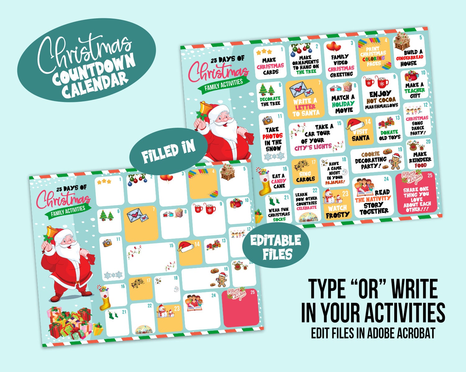 Editable 25 Days of Christmas Countdown Calendar of Fun Family ...