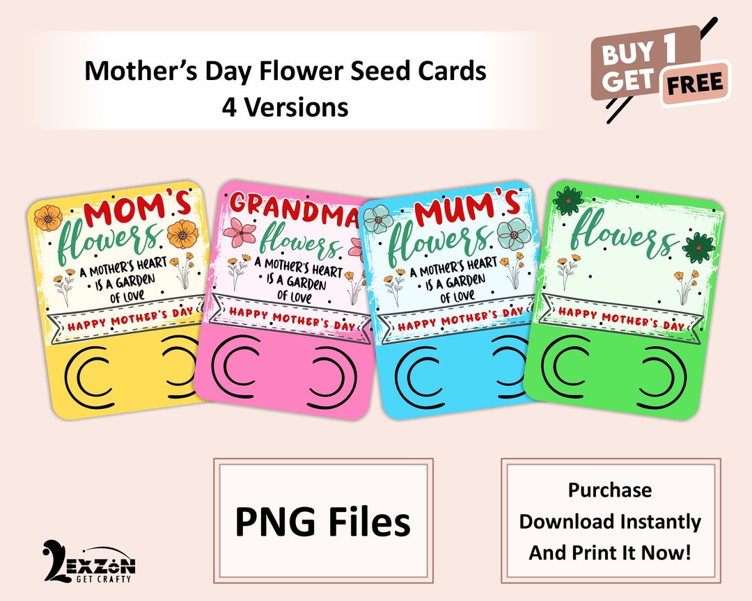 Mother's Day Flower Seed Cards Bundle, Flower Seed Holder PNG, Grandma ...