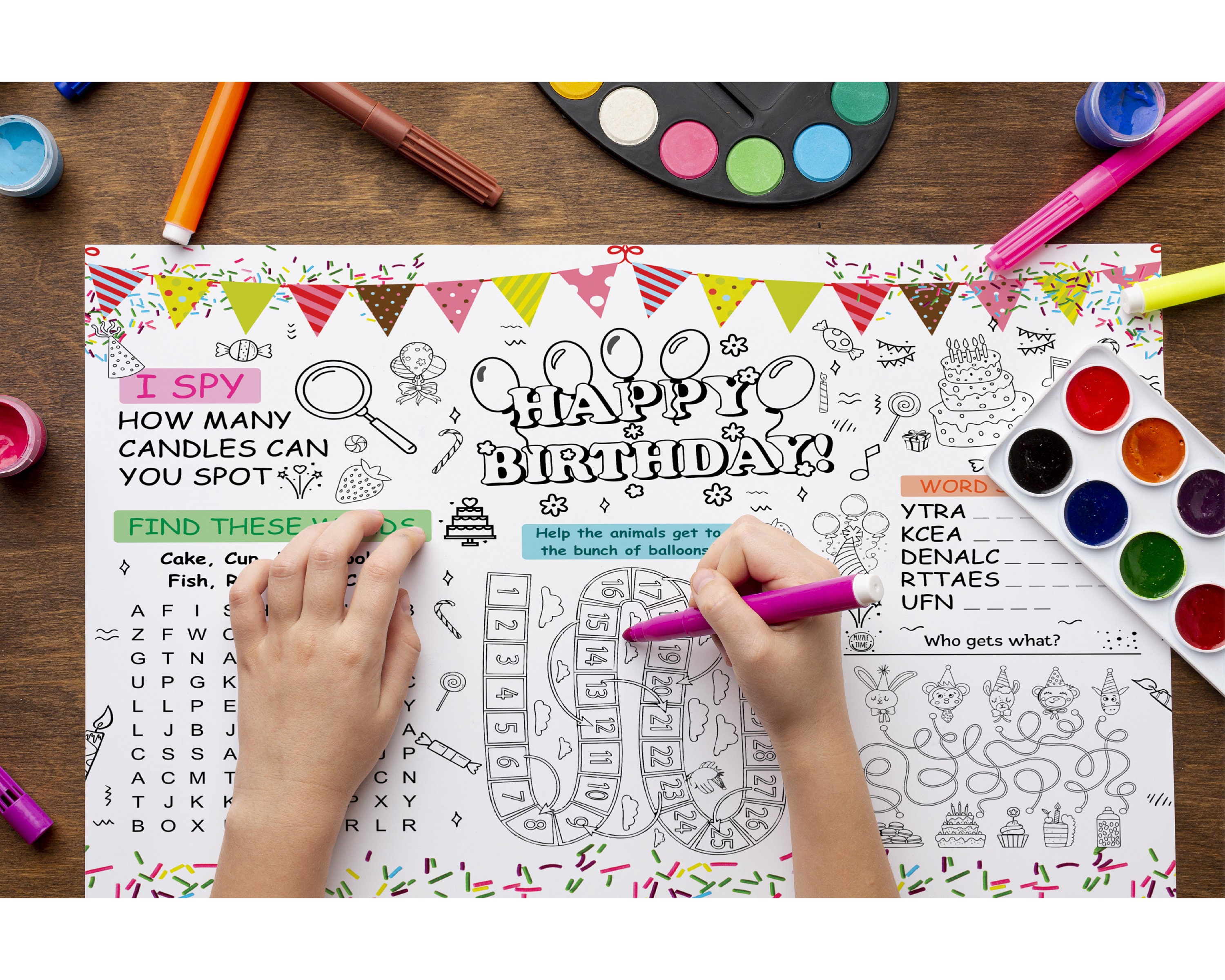 Birthday Coloring Placemat Printable Birthday Party Coloring Page Pink ...