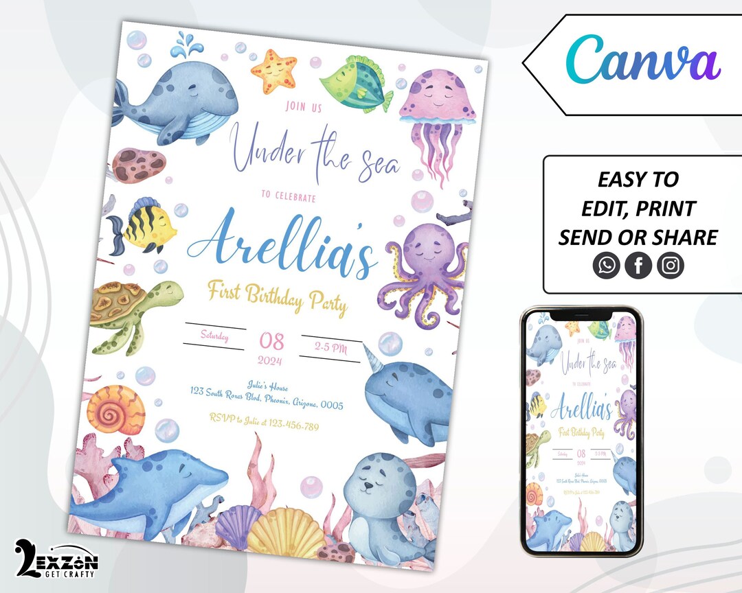 Under the Sea Birthday Invitation Template,editable Ocean Animals ...