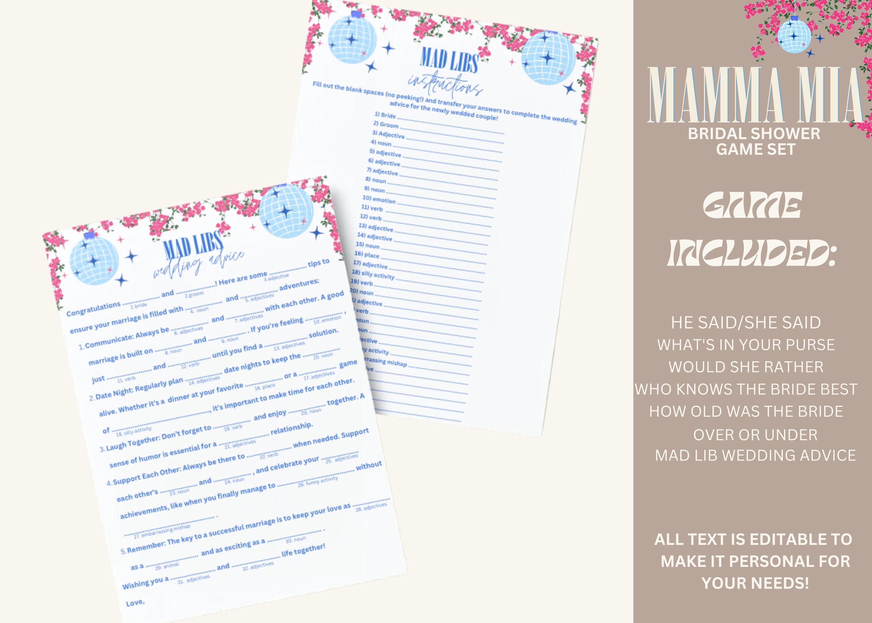 7 MAMMA MIA Bridal Shower Games & Mad Lib, Dancing Queen Invite, Mama ...