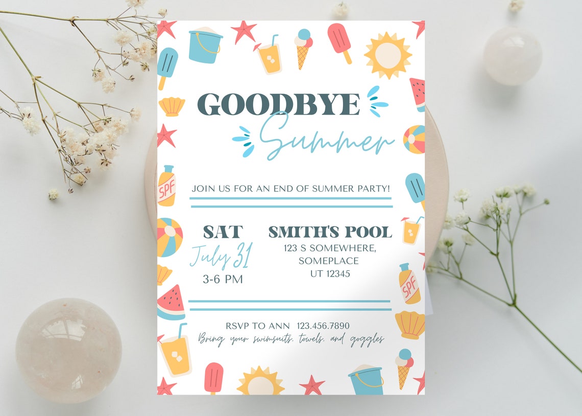 Goodbye Summer Party Invite, Back to School Party Invite, Summer Bash ...