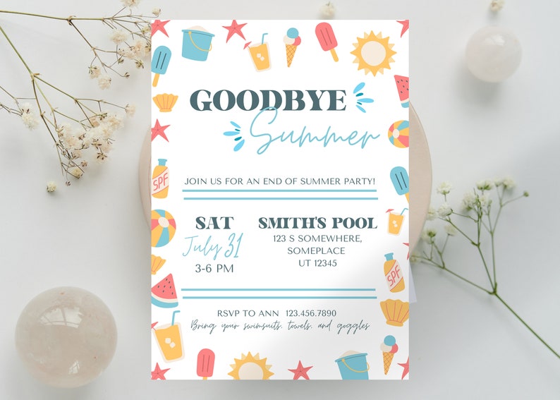 Goodbye Summer Party Invite, Back to School Party Invite, Summer Bash Invite, Pool Party Invite ...