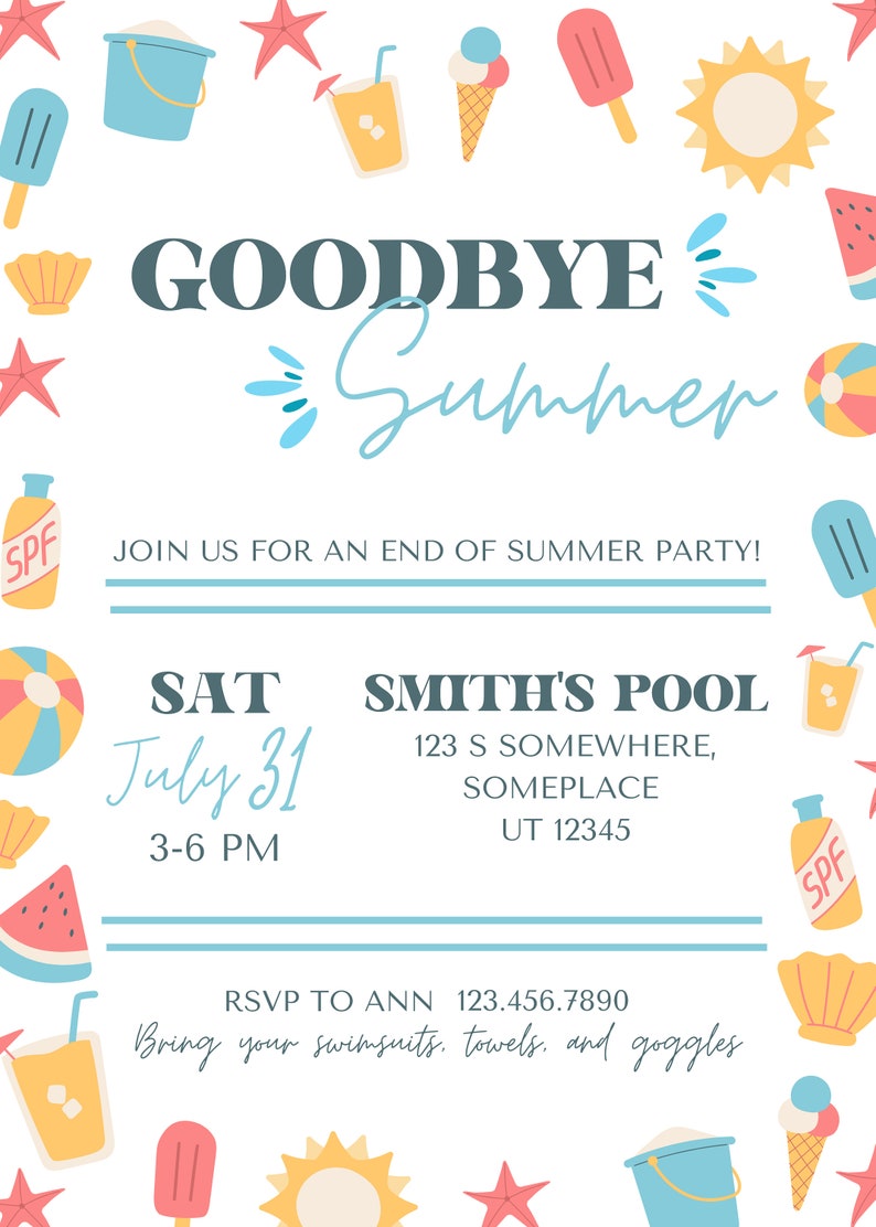 Goodbye Summer Party Invite, Back to School Party Invite, Summer Bash Invite, Pool Party Invite ...