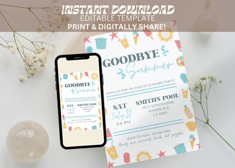 Goodbye Summer Party Invite, Back to School Party Invite, Summer Bash Invite, Pool Party Invite ...