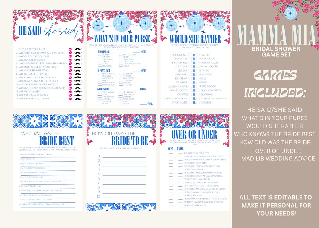 7 MAMMA MIA Bridal Shower Games & Mad Lib, Dancing Queen Invite, Mama ...