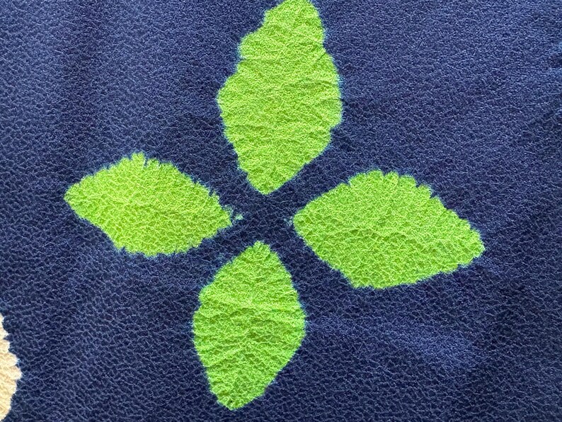 Vintage Shibori Silk Haori Deep Indigo Blue With Green and Ivory Floral ...