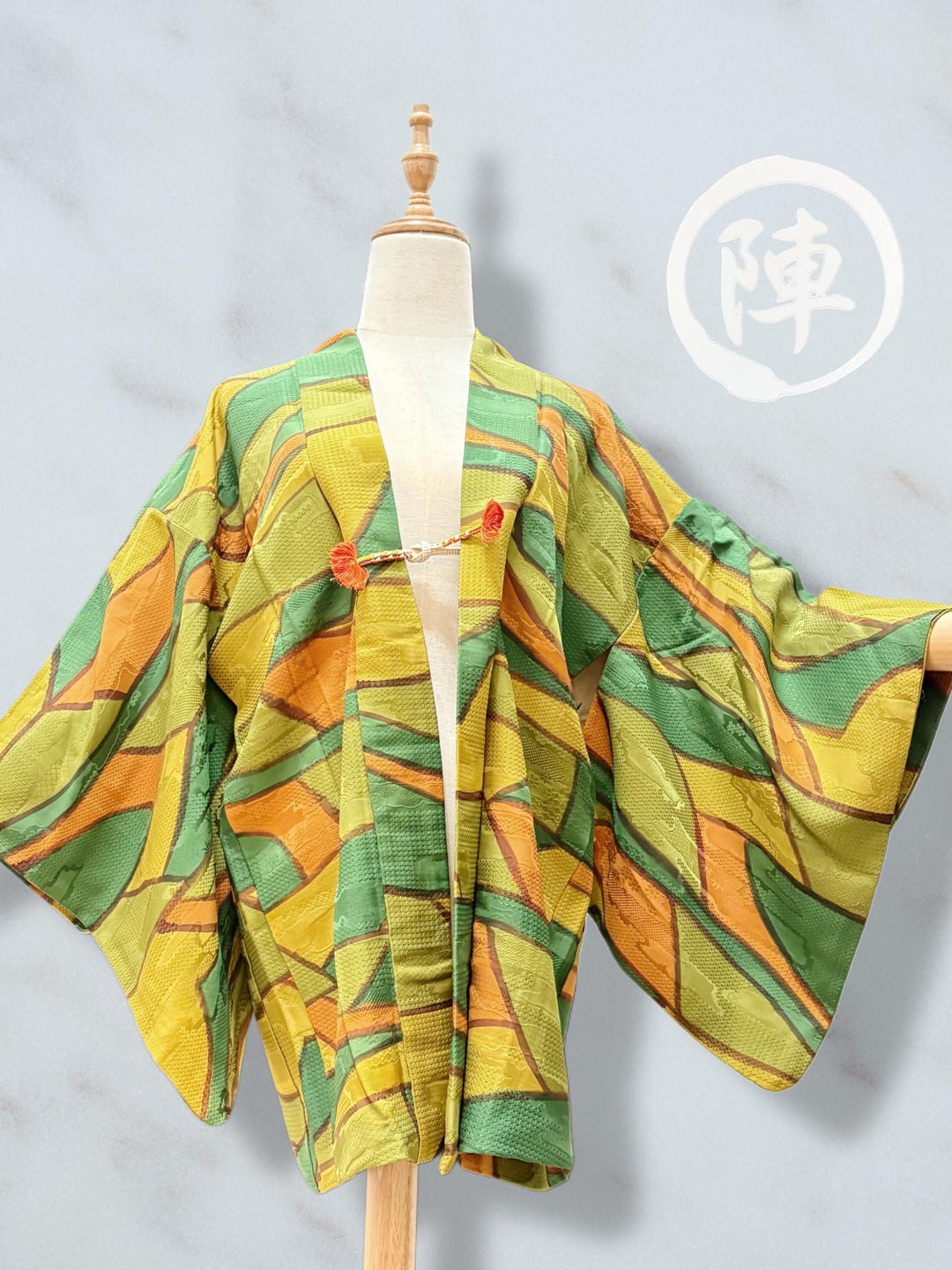Vintage Silk Haori Jacket – Geometric Green & Gold Pattern – Authentic ...