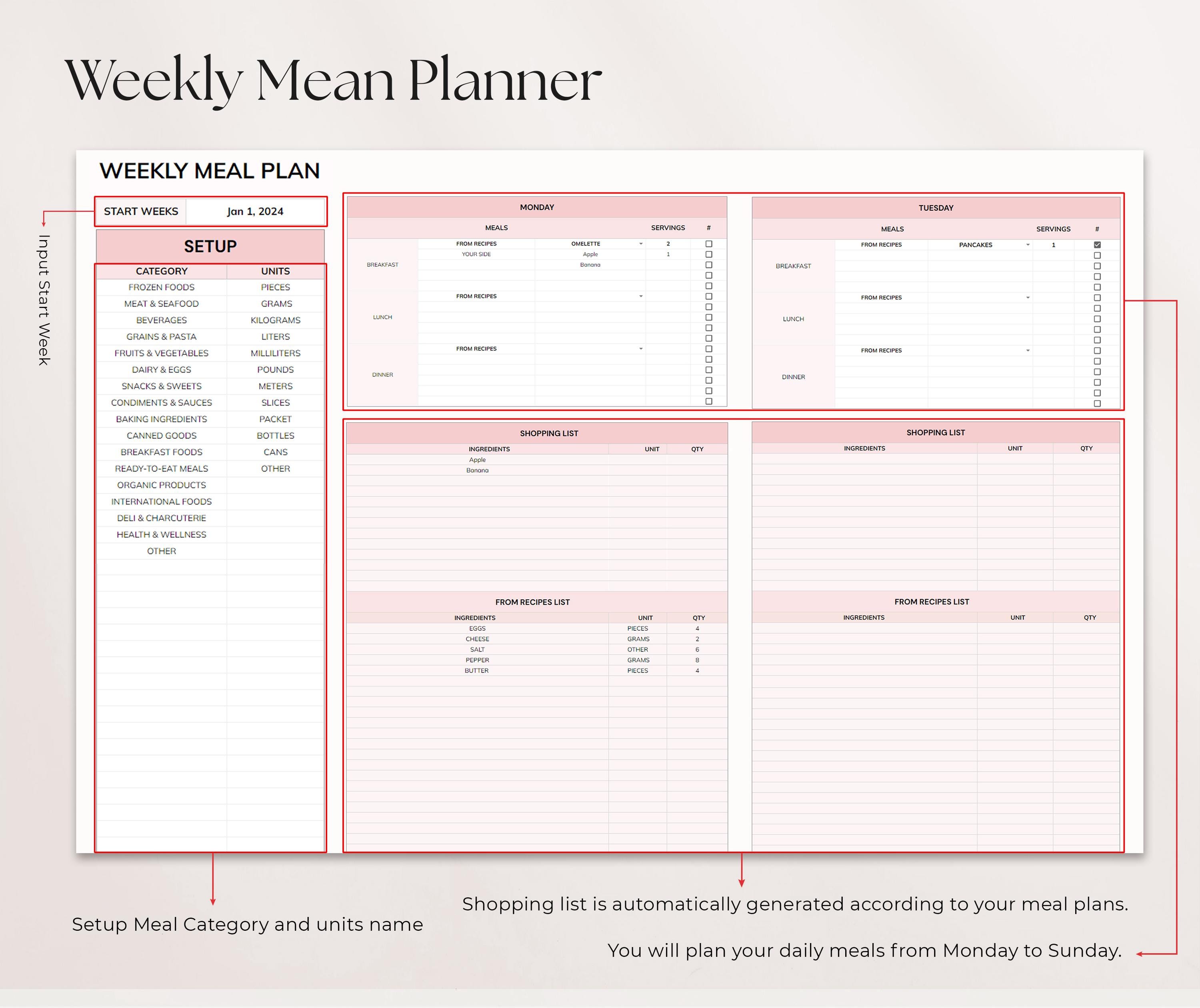 Weekly Meal Planner Spreadsheet Google Sheets Excel, 7 Day Menu, Weekly ...