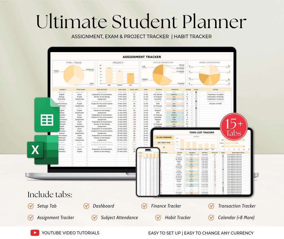 Student Academic Planner Spreadsheet, School Assignment Tracker Google ...