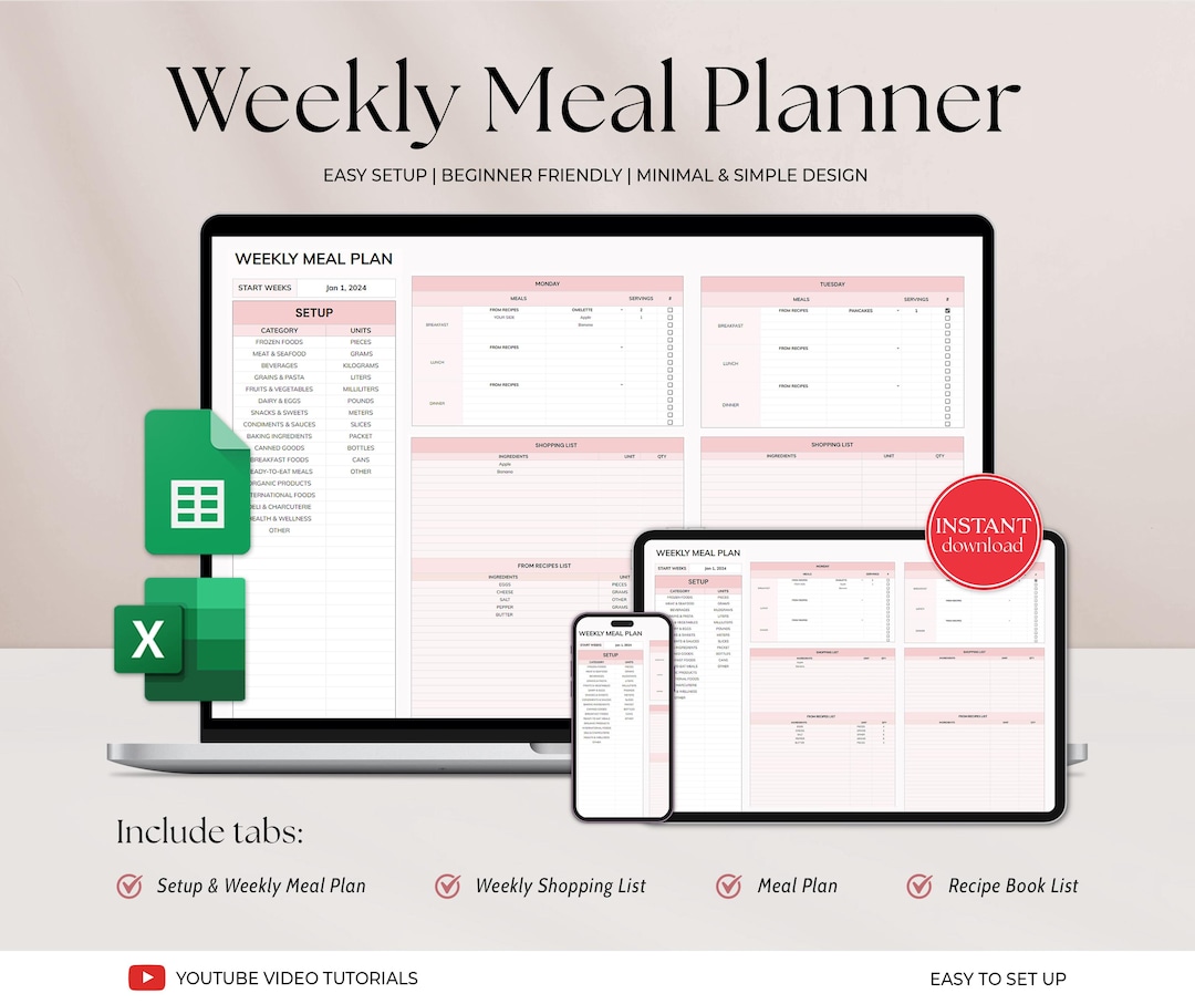 Weekly Meal Planner Spreadsheet Google Sheets Excel, 7 Day Menu, Weekly ...