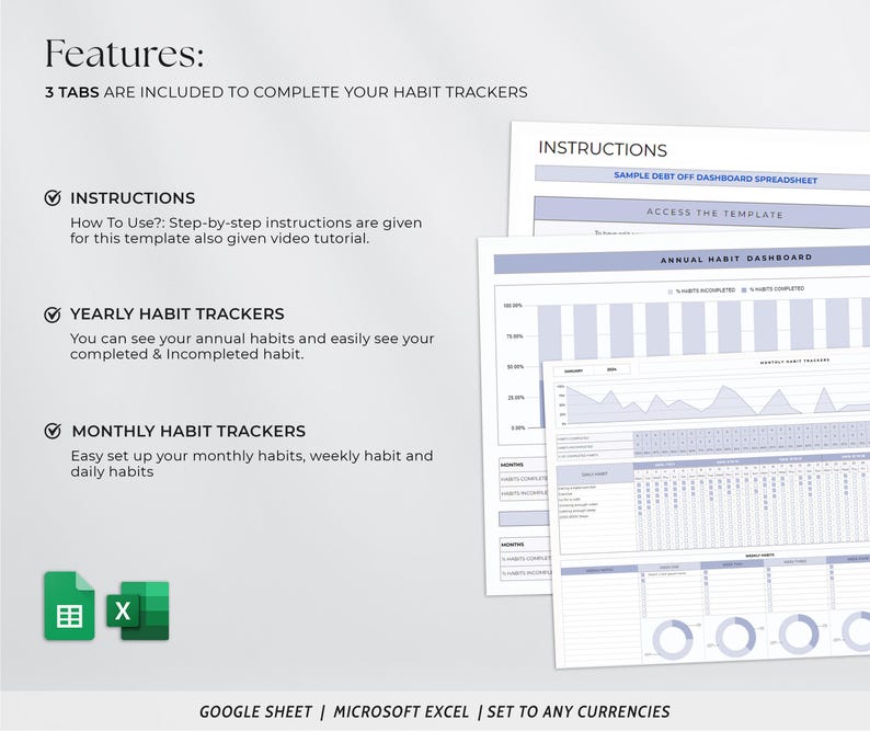 Habit Tracker Spreadsheet for Google Sheets Excel , Daily Habit Tracker ...