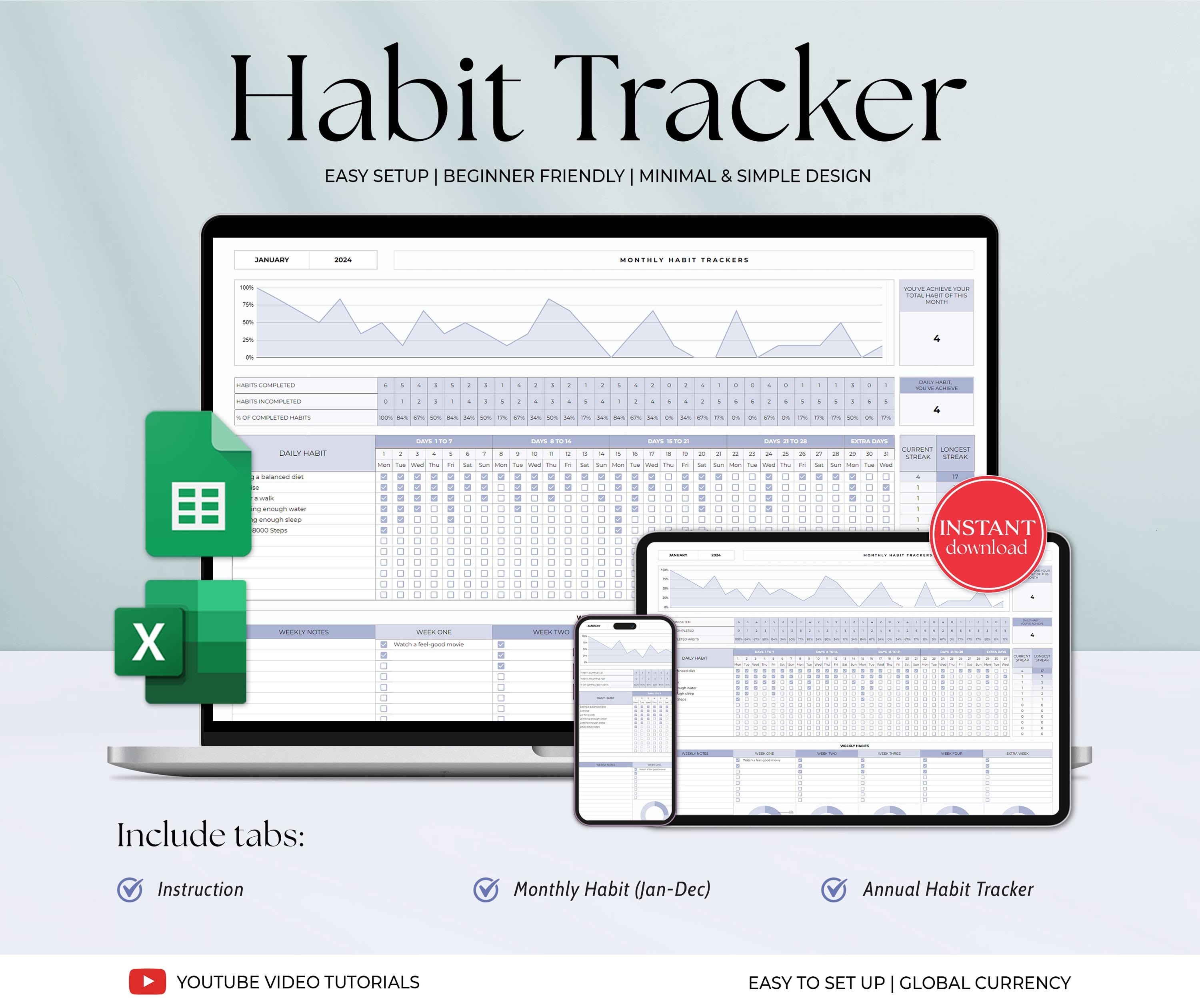 Habit Tracker Spreadsheet for Google Sheets Excel , Daily Habit Tracker ...