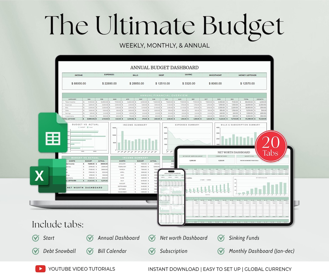 Ultimate Budget Spreadsheet Excel Worksheet Google Sheet Template ...
