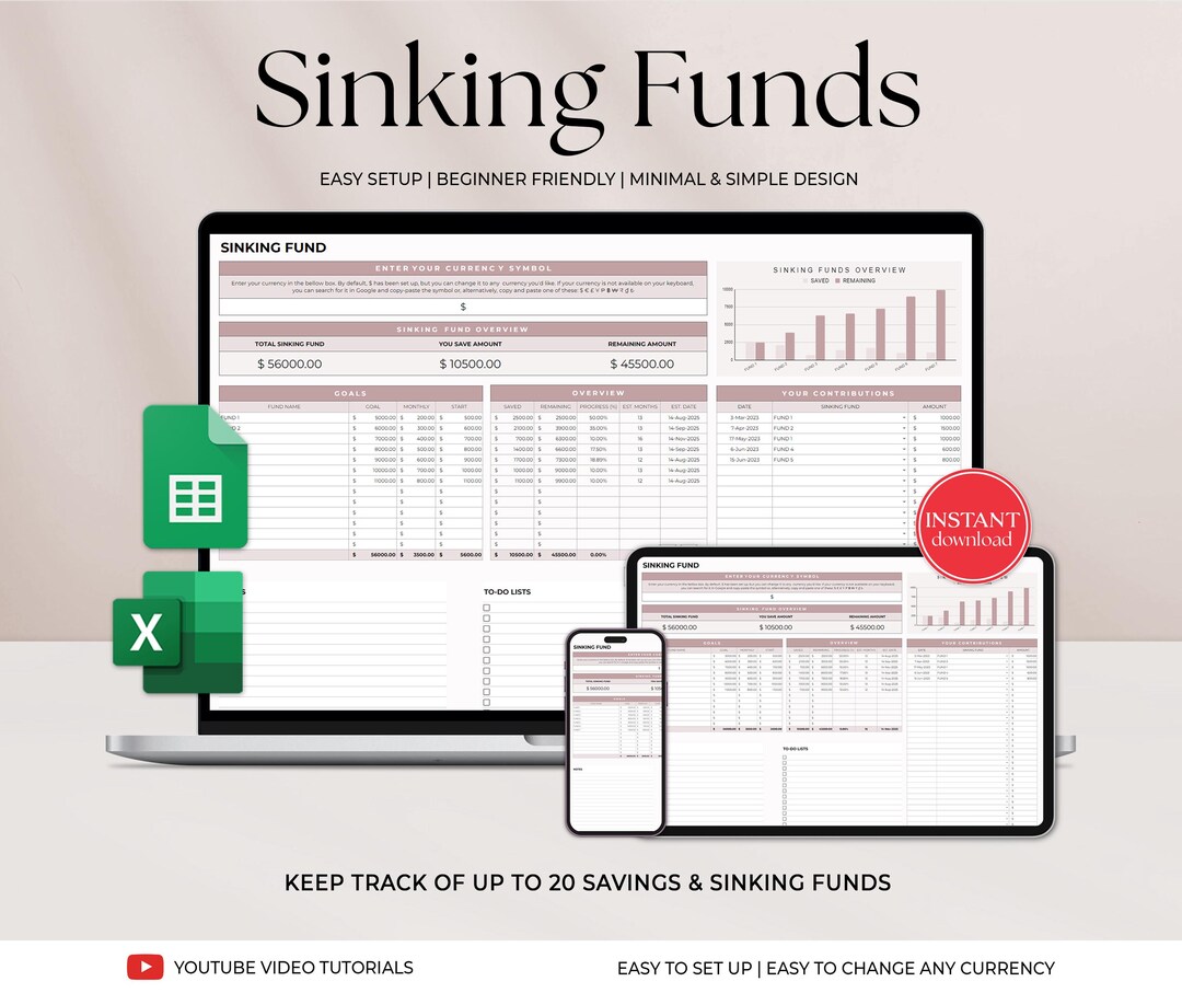 Sinking Funds Tracker Spreadsheet for Google Sheets, Excel Budget ...