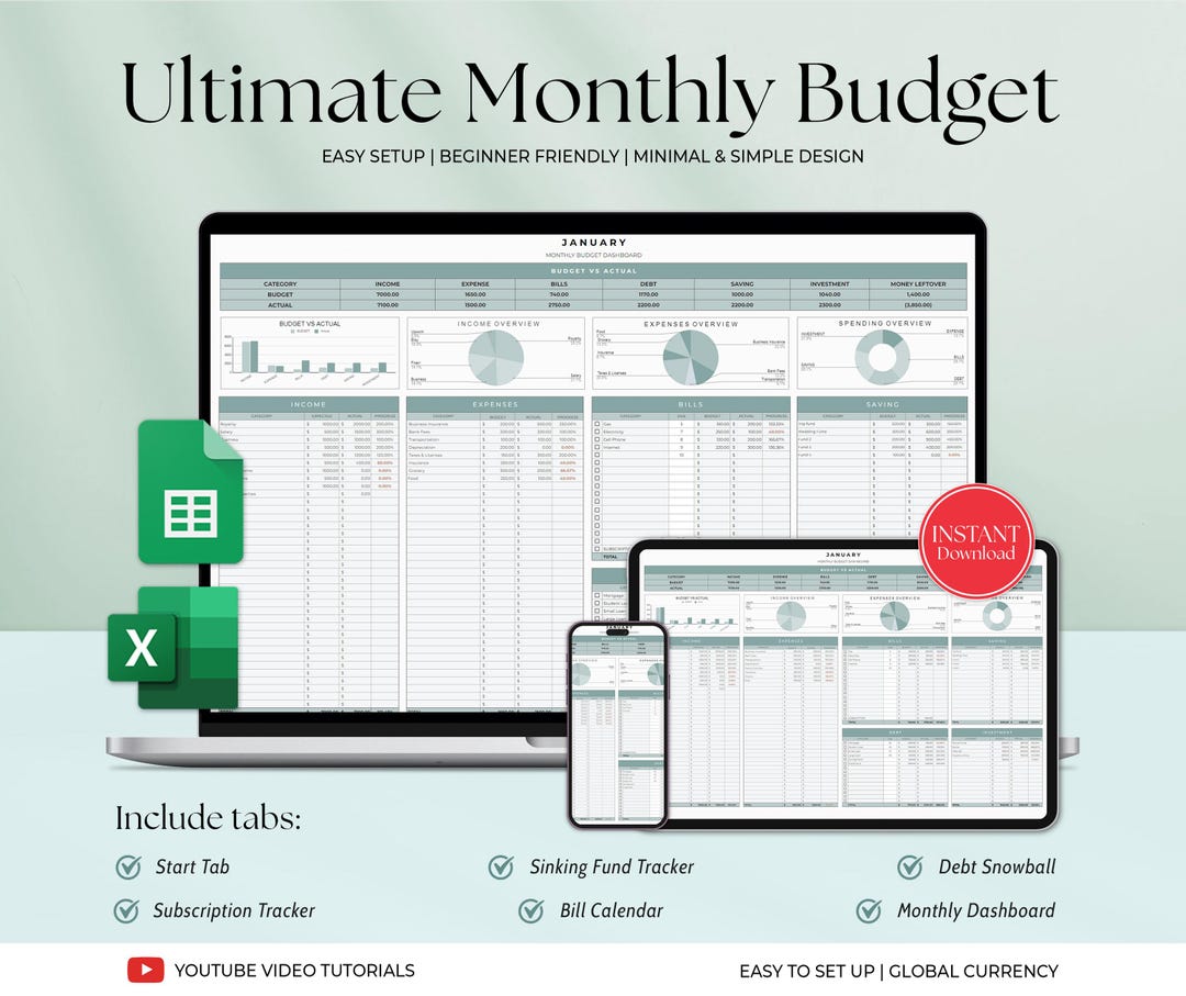Ultimate Monthly Budget Spreadsheet Google Sheets Excel Template Debt ...