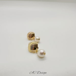 Seashell Pearl Earrings Pearl Earrings Gold Plated Earrings Seashell ...