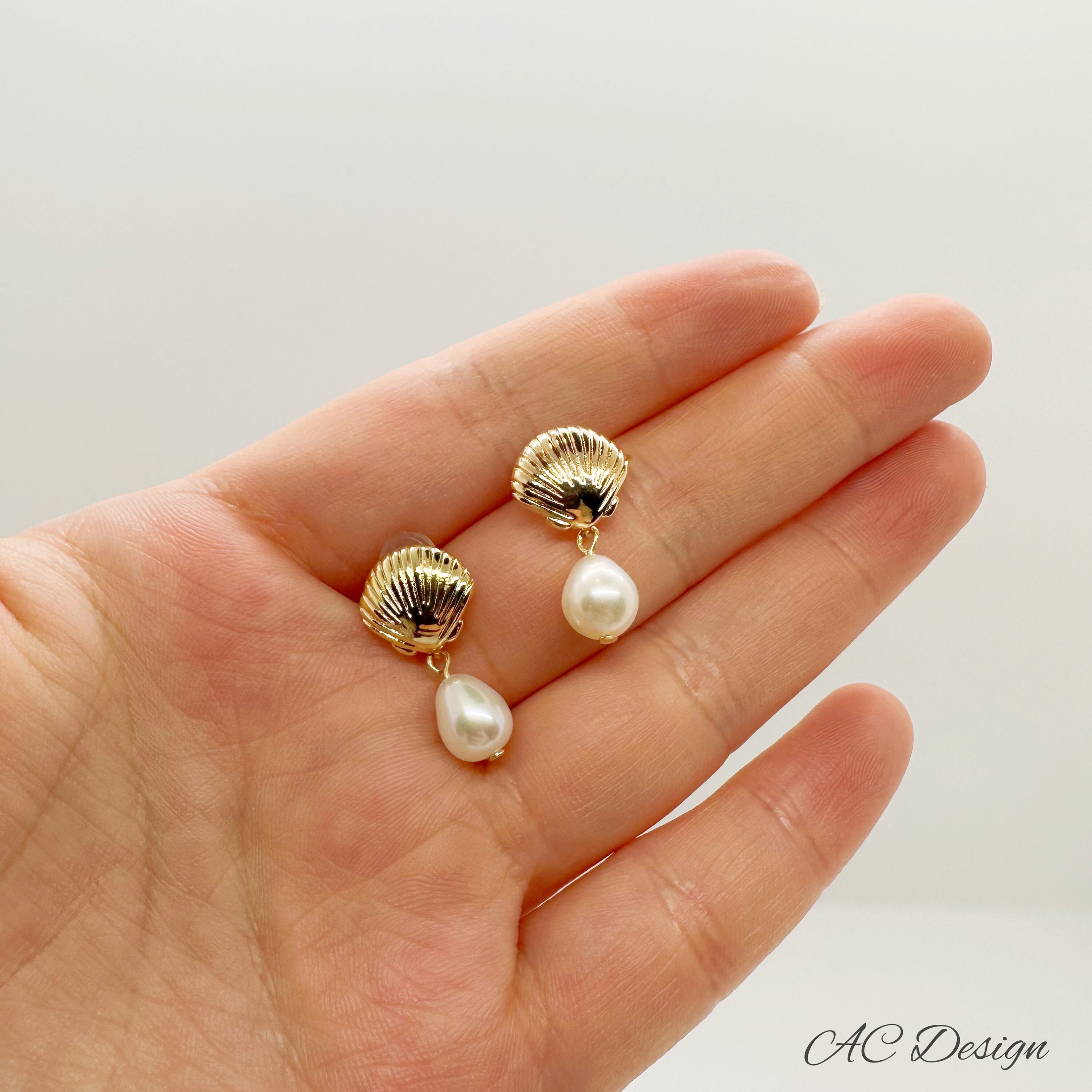 Seashell Pearl Earrings Pearl Earrings Gold Plated - Etsy