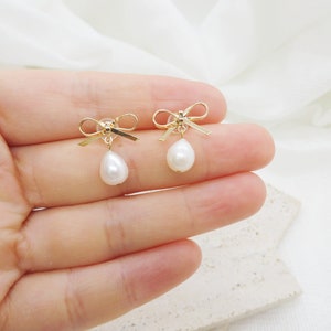Bow Pearl Earrings • Pearl Stud Earrings • Pearl Jewelry • Teardrop Pearls • Valentine’s Day ...