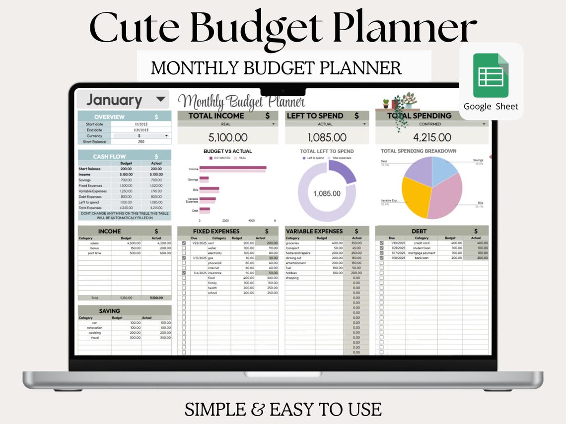 Monthly Budget Planner Google Sheet, Cute Budget Planner Spreadsheet ...