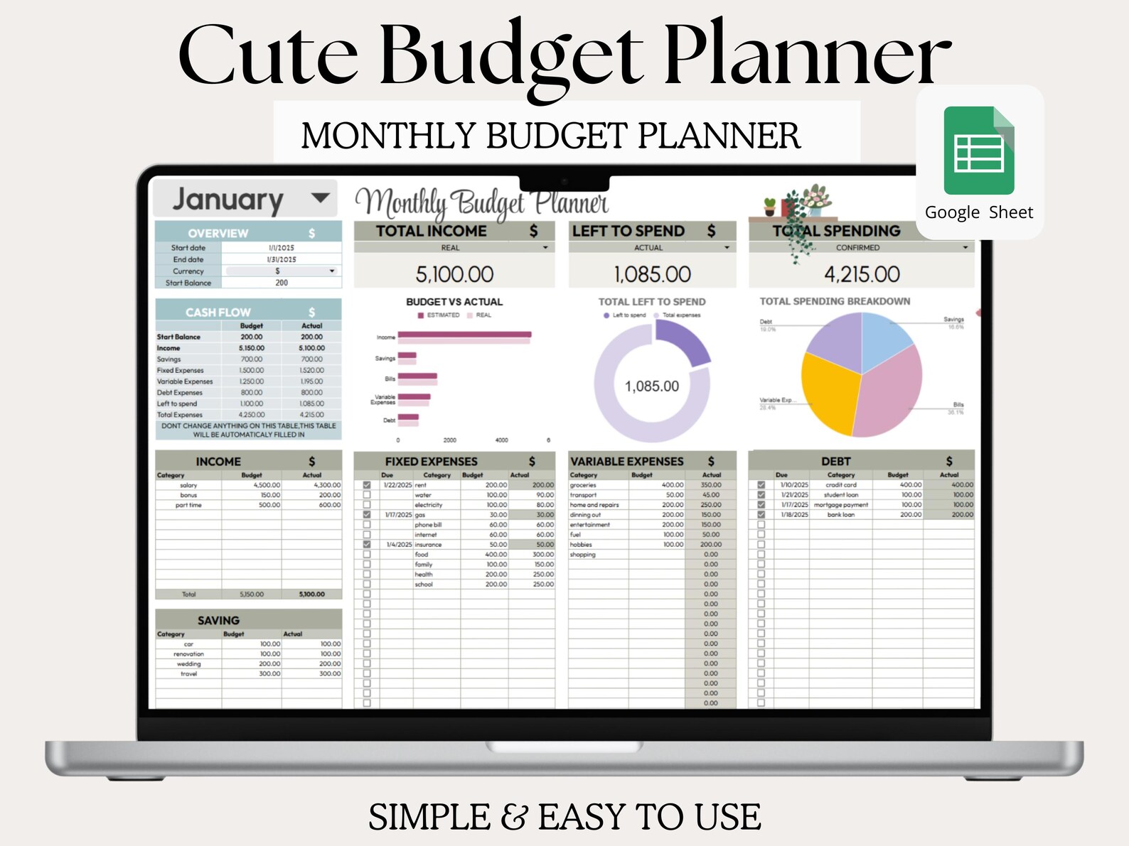Monthly Budget Planner Google Sheet, Cute Budget Planner Spreadsheet ...