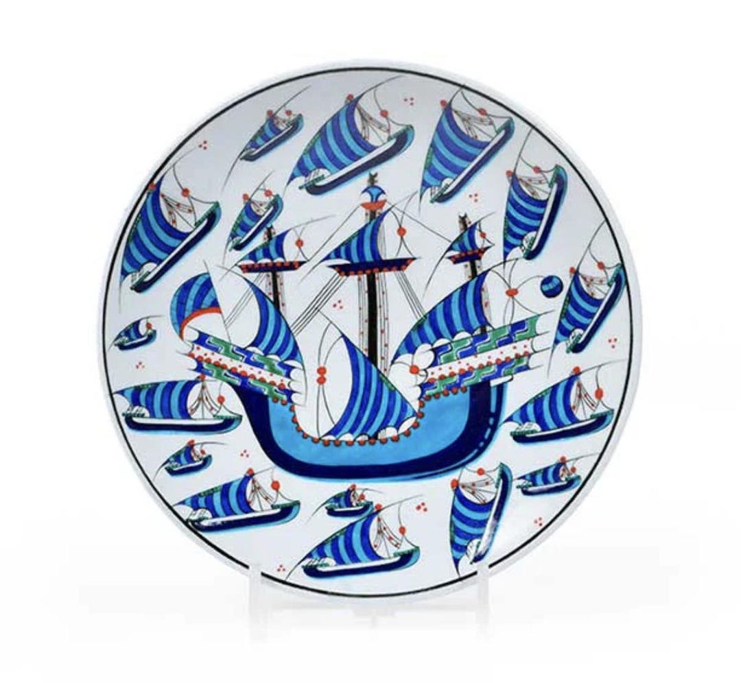 Plate Galleon Design Cobalt Blue Ship Iznik Tile Art Handmade Turkish ...