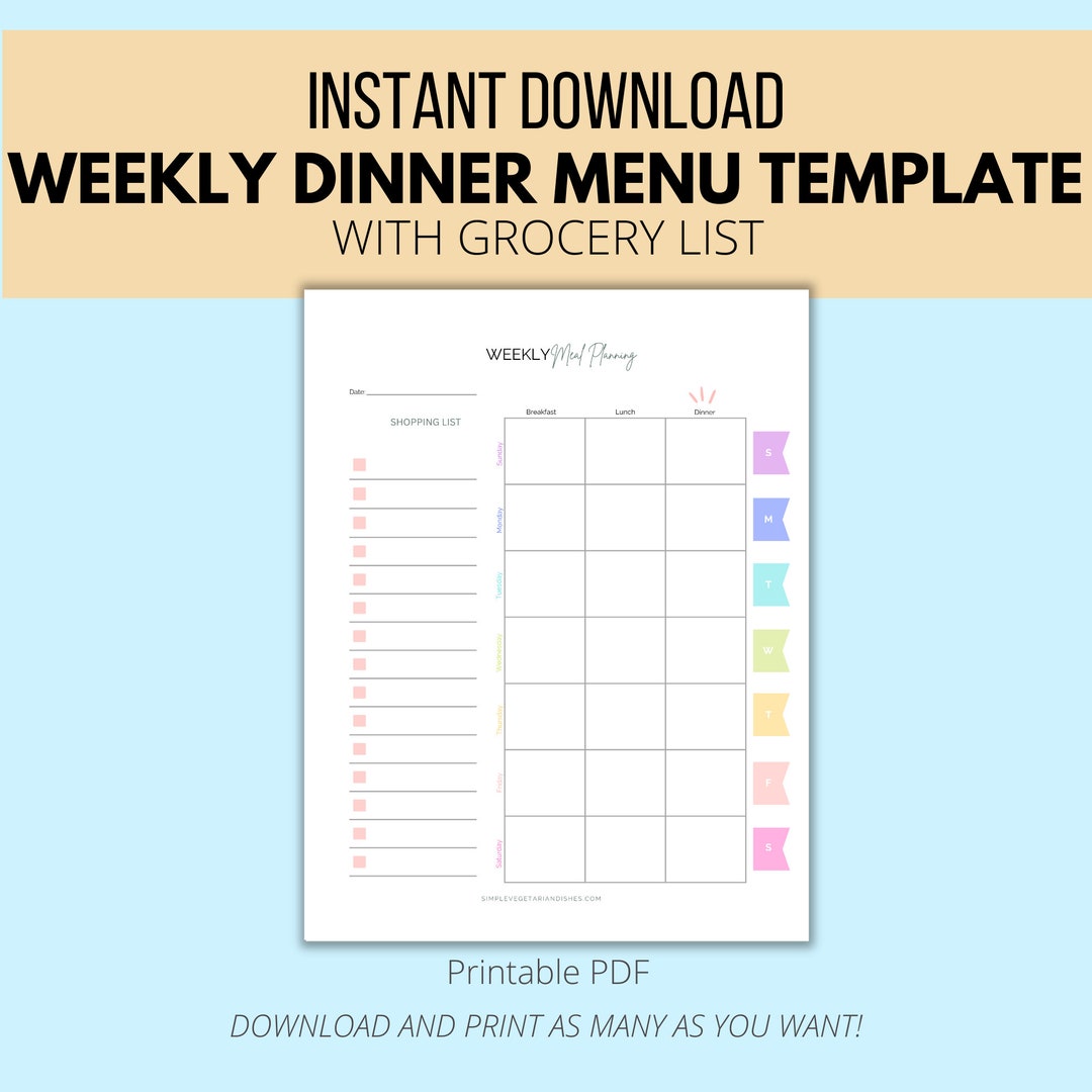 Weekly Dinner Menu Template With Grocery List Printable PDF | Rainbow ...
