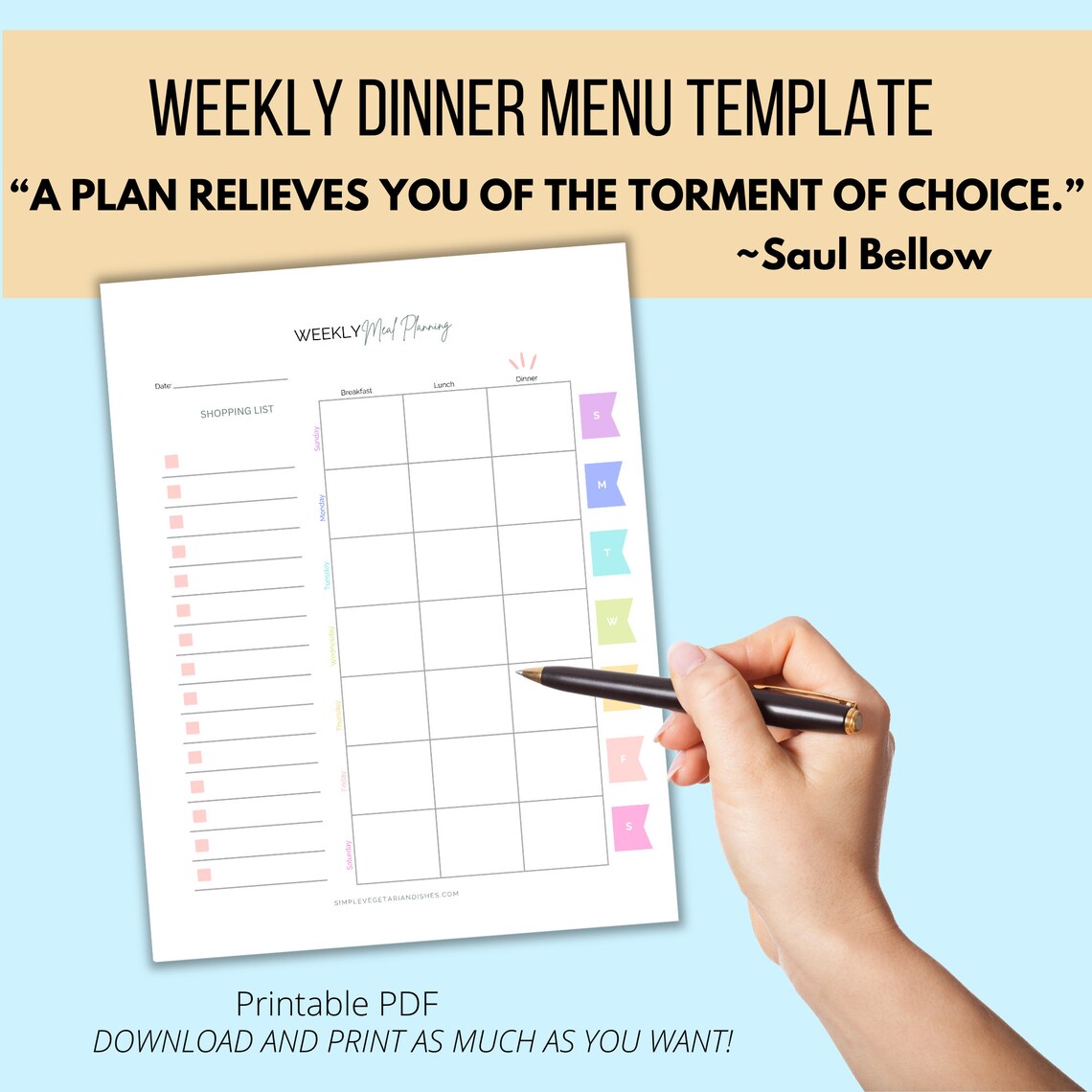 Weekly Dinner Menu Template With Grocery List Printable PDF | Rainbow ...