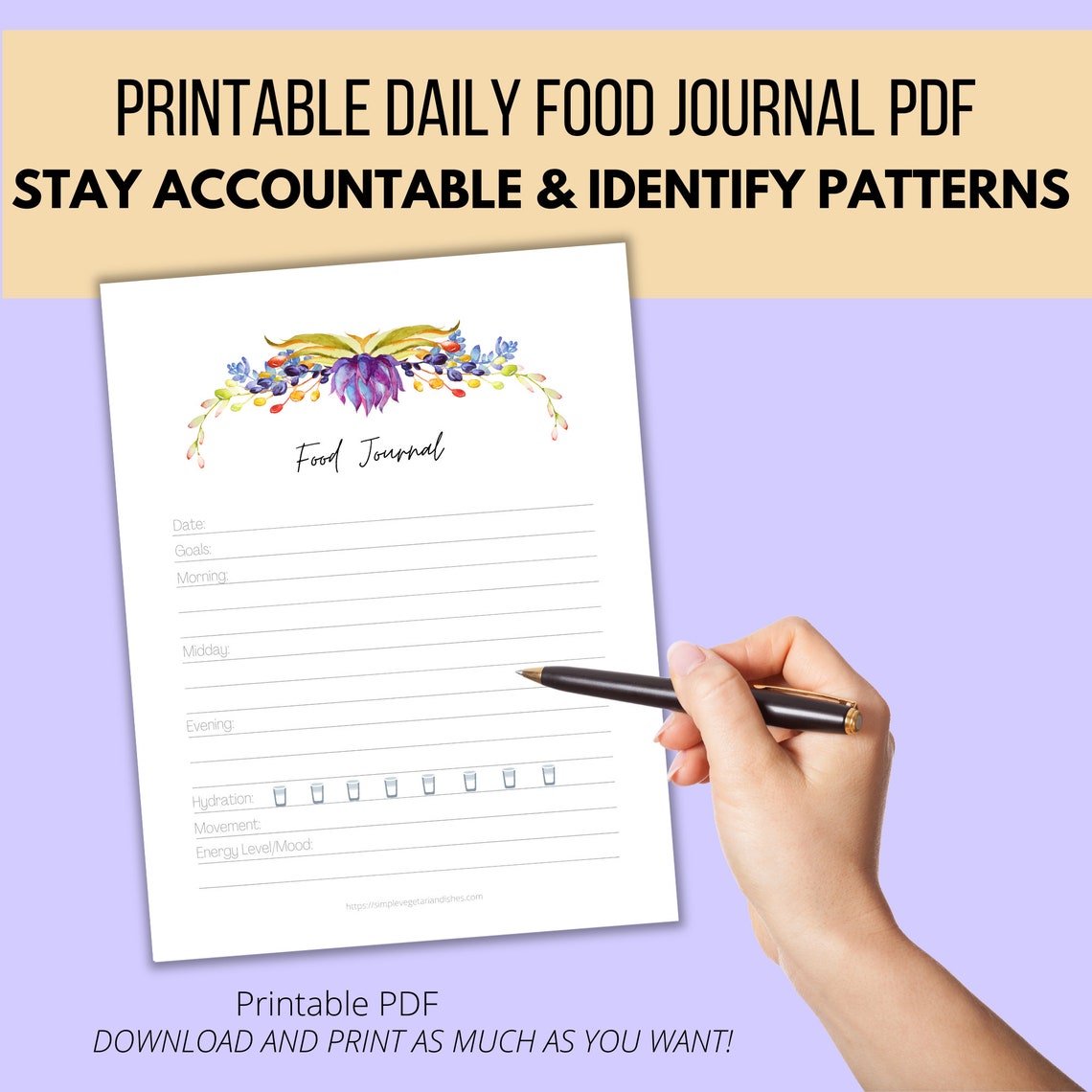 Printable Daily Food Journal PDF | Food and Mood Journal Template ...