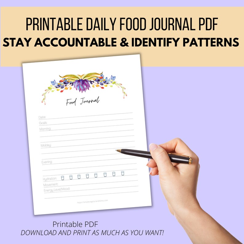 Printable Daily Food Journal PDF | Food and Mood Journal Template ...