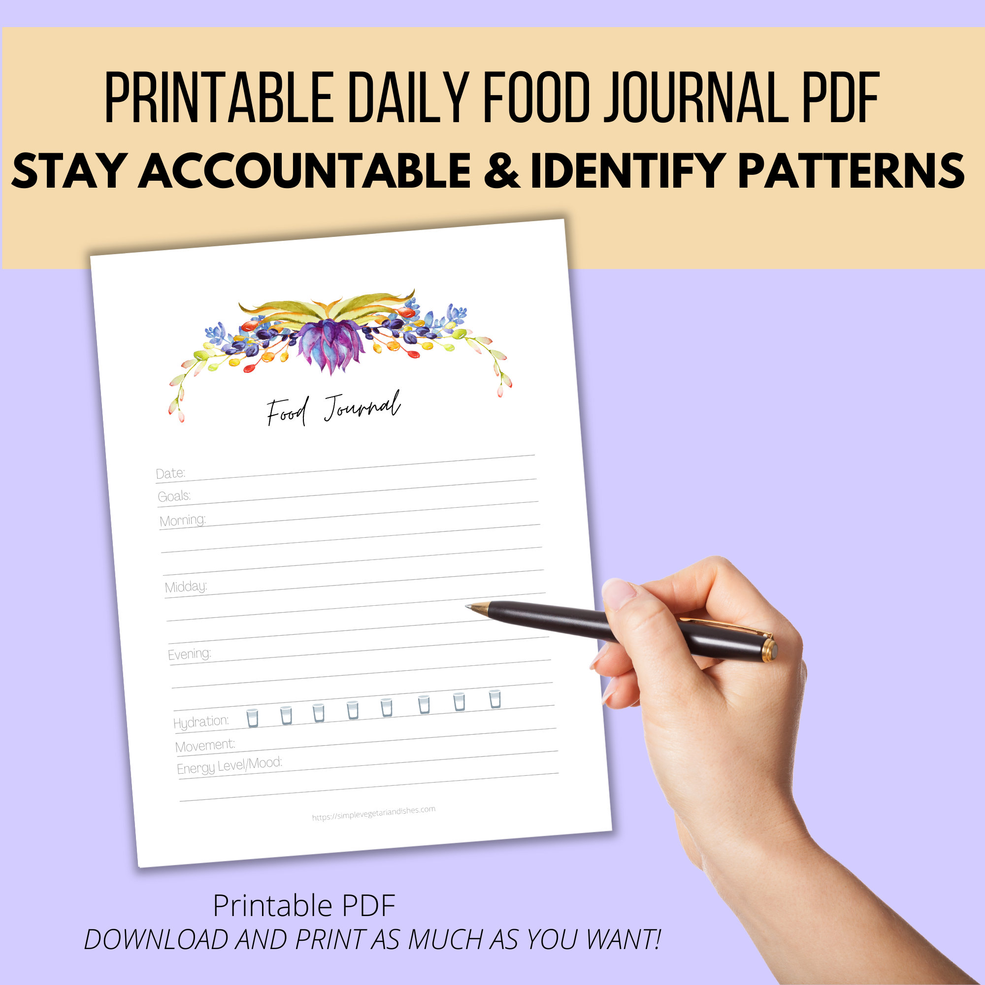 Printable Daily Food Journal PDF | Food and Mood Journal Template ...
