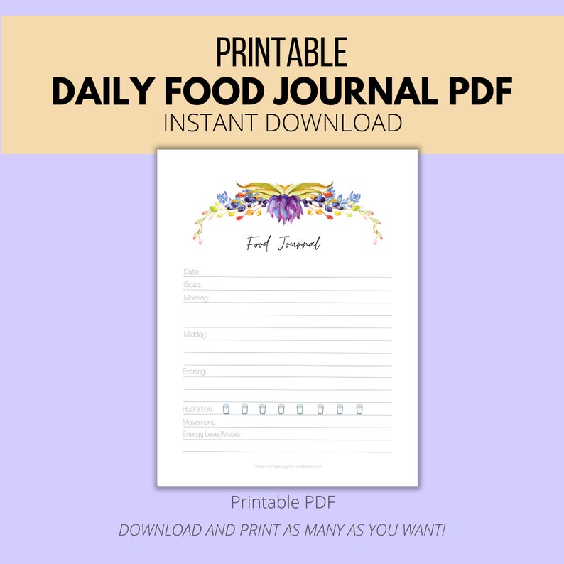 Printable Daily Food Journal PDF | Food and Mood Journal Template ...