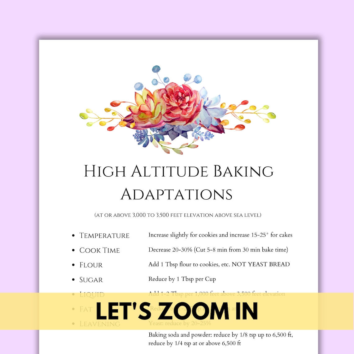 High Altitude Baking Adjustments Chart Printable PDF | US Letter Size 8 ...