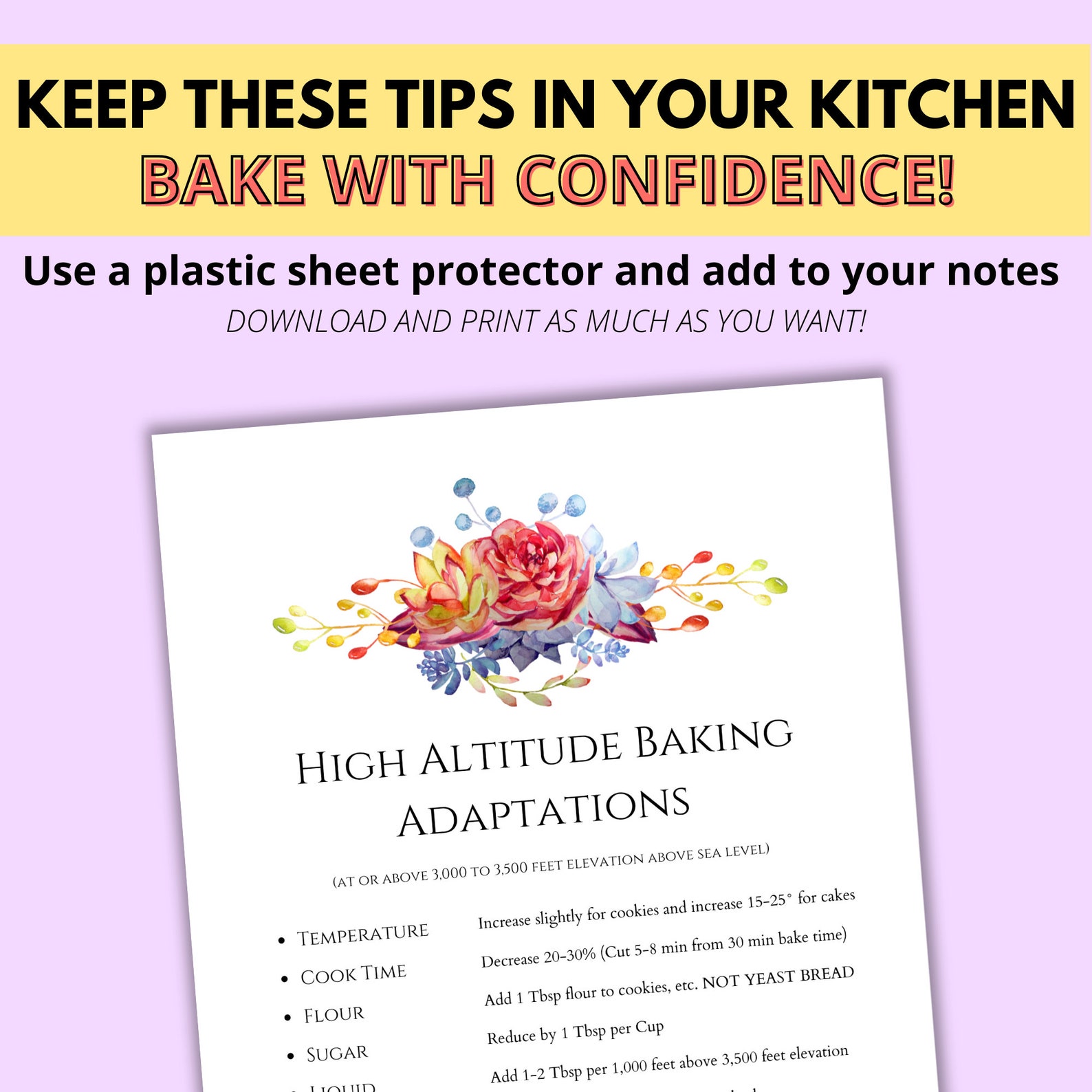 High Altitude Baking Adjustments Chart Printable PDF | US Letter Size 8 ...